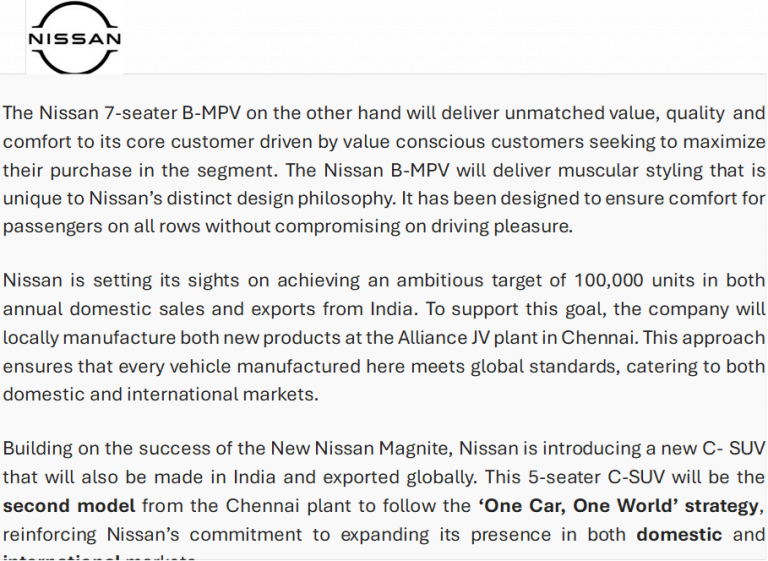 Nissan Motor India to Launch Two New Products Starting FY25- the 5-seater C-SUV & an All-New 7 ...